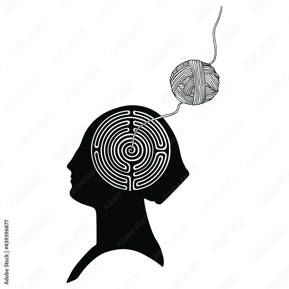 Female head with round spiral maze or labyrinth symbol as her brain and ...