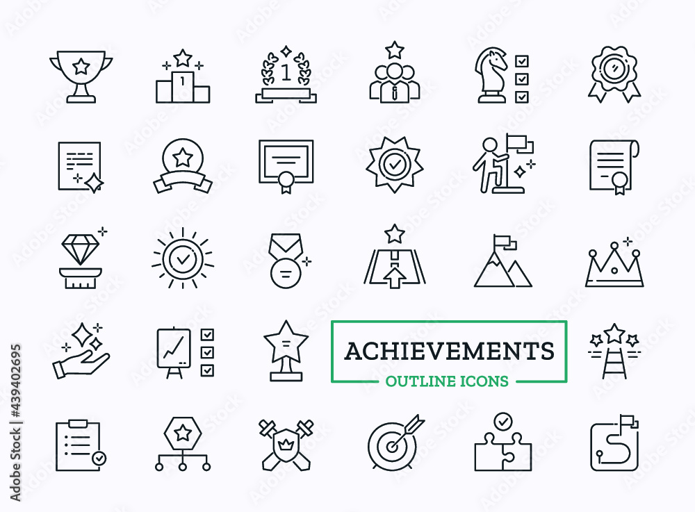 Vector achievements, core values and succes icons. Thin line symbols of ...
