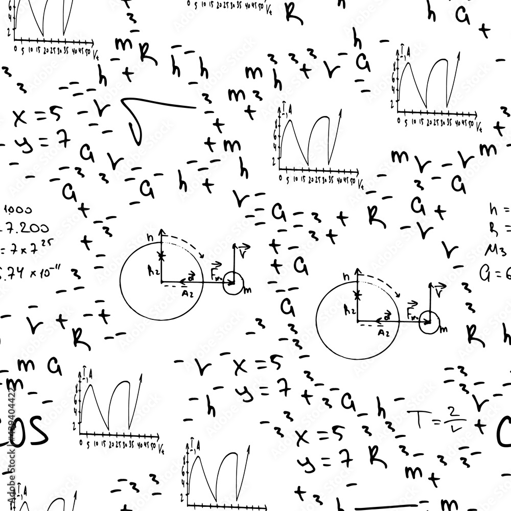 Flat Monochrome Vector Seamless Mathematical Motif Pattern Cute Doodle With Algebraic