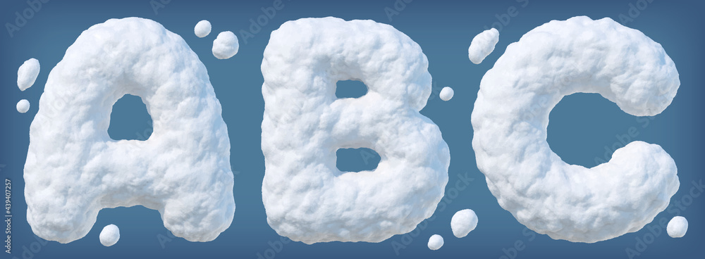 Snowy alphabet with letters A, B, C. Lettes made of snow. Winter font ...