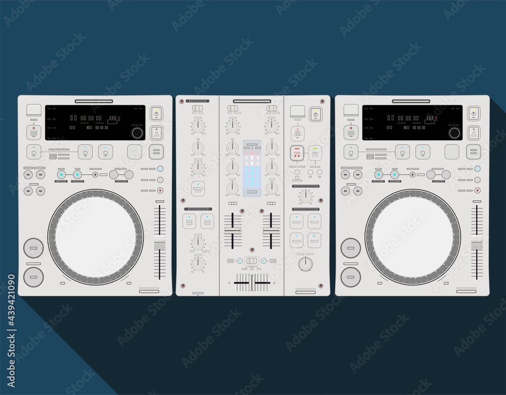 DJ equipment set in white. A set of professional turntables and DJ ...