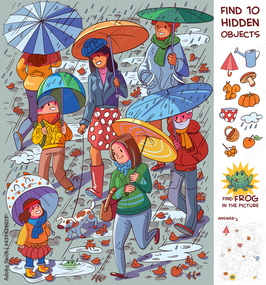 People with umbrellas in the rain. Find 10 hidden objects. Puzzle ...