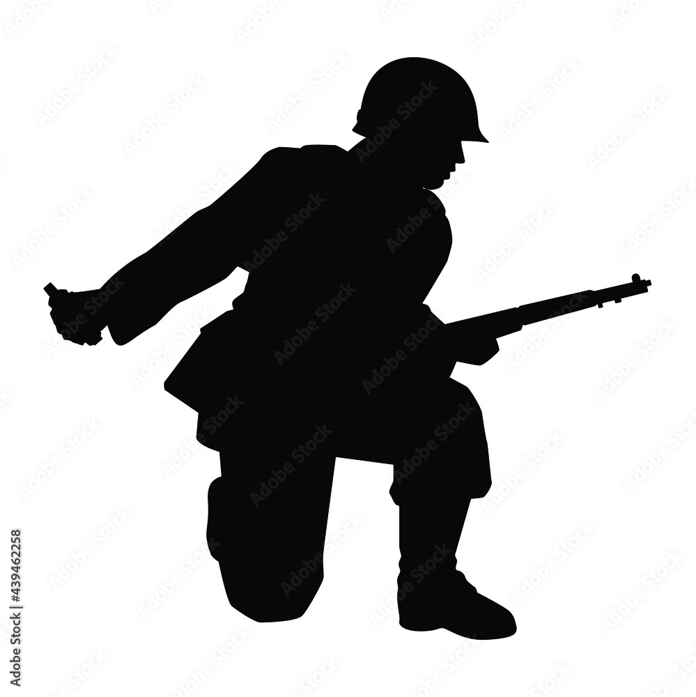 Poster US soldier with a rifle weapon during world war 2 silhouette ...