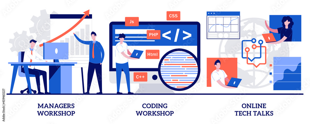 Managers workshop, coding workshop, online tech talks concept with tiny ...