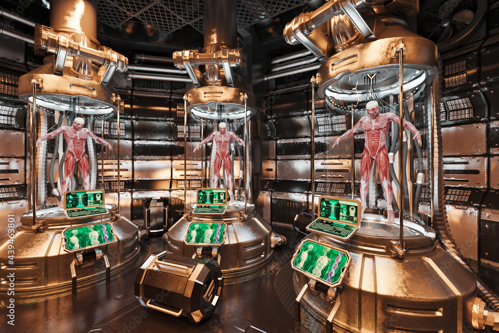 Male bodies in pods in futuristic laboratory, showing musculature Stock ...