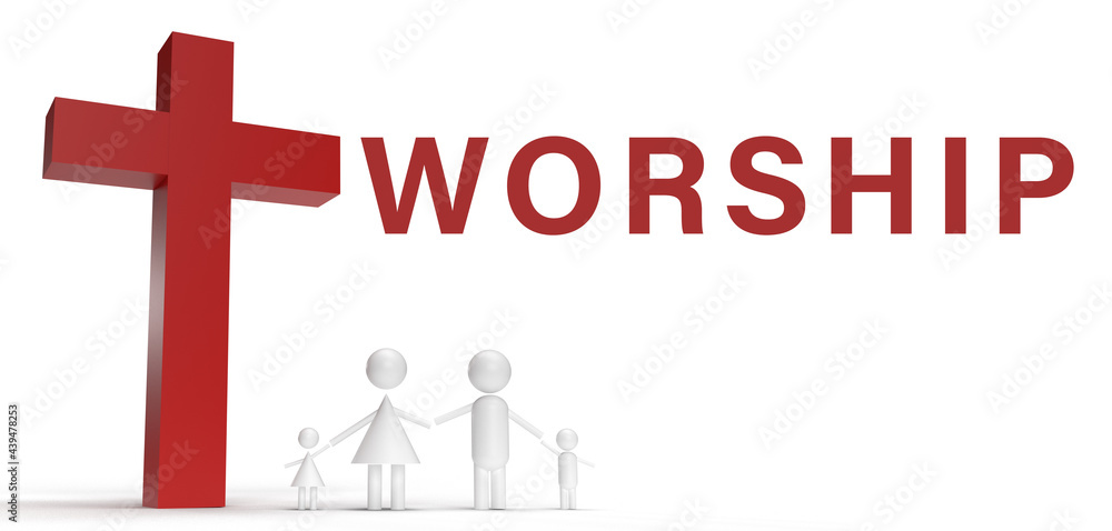 The word "Worship" and holy cross with generic cartoon family 3d ...