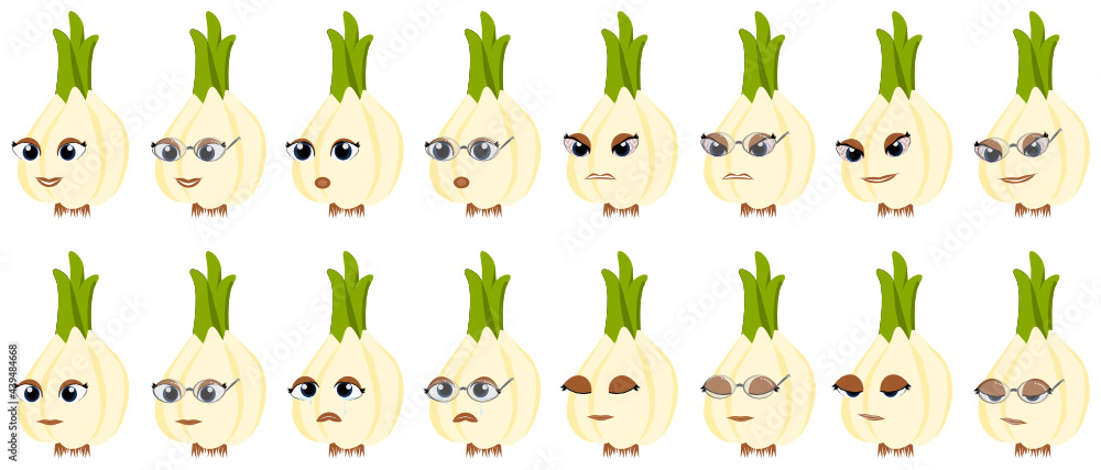 Cute vegetable emoji set of garlic (garlic; Allium sativum; chive; ail ...