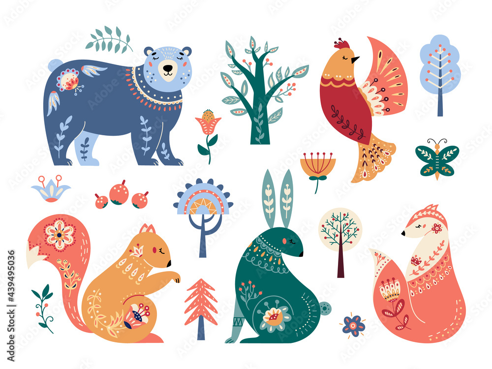Scandinavian animals set Folk forest vector illustration Stock Vector ...