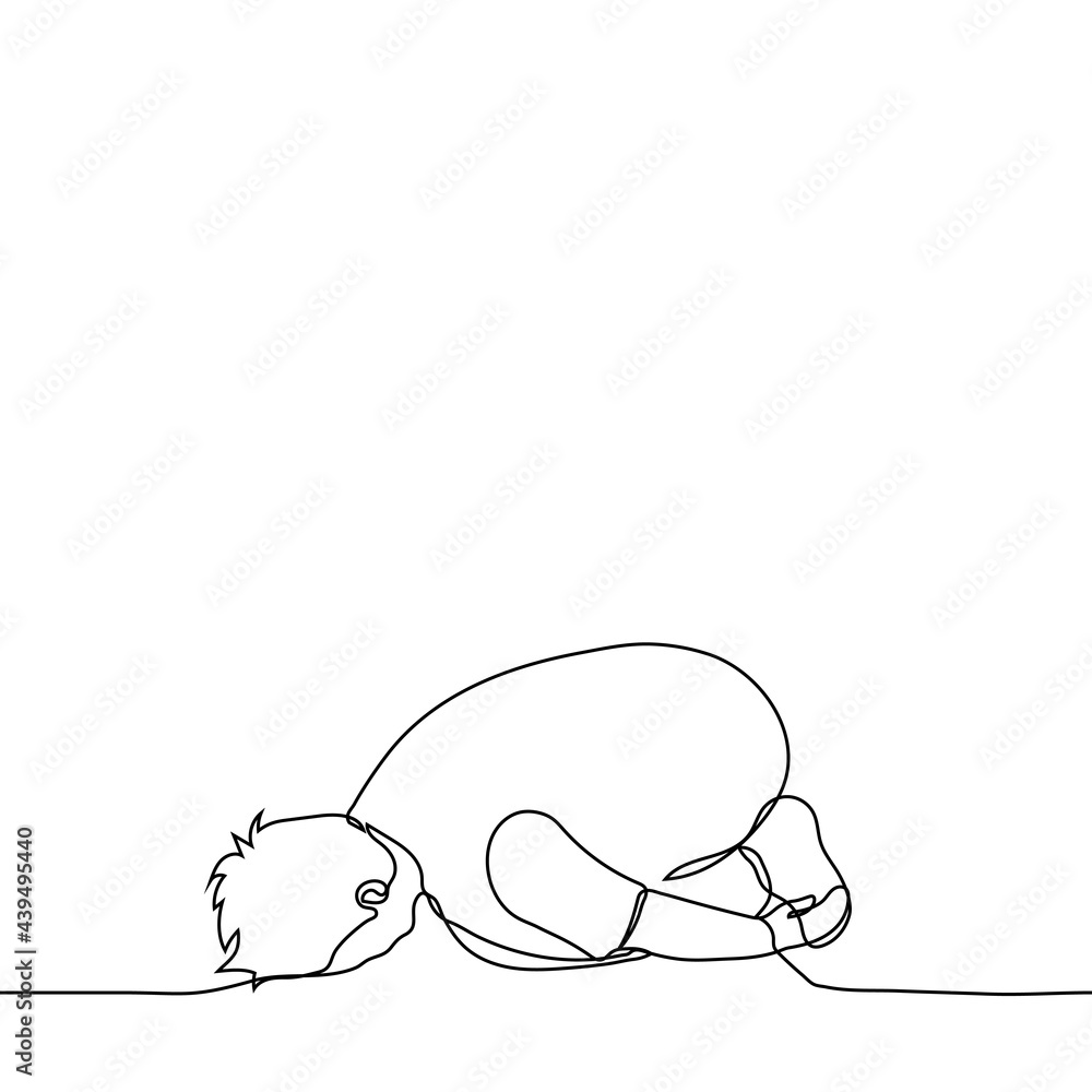 man lies on the floor in a face-down fetal position - one line drawing ...
