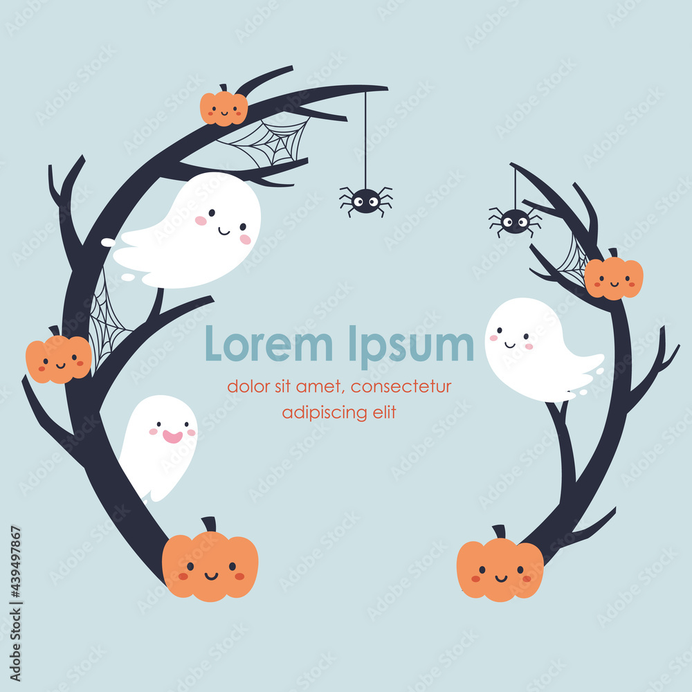 Cute frame design for Halloween with ghosts, pumpkins, and trees. Flat cartoon vector ...