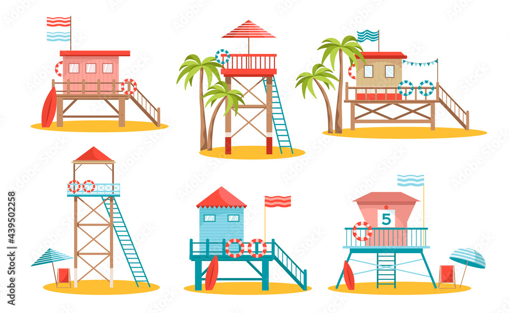 Set of Lifeguard Station Towers Isolated on White Background. Rescue ...