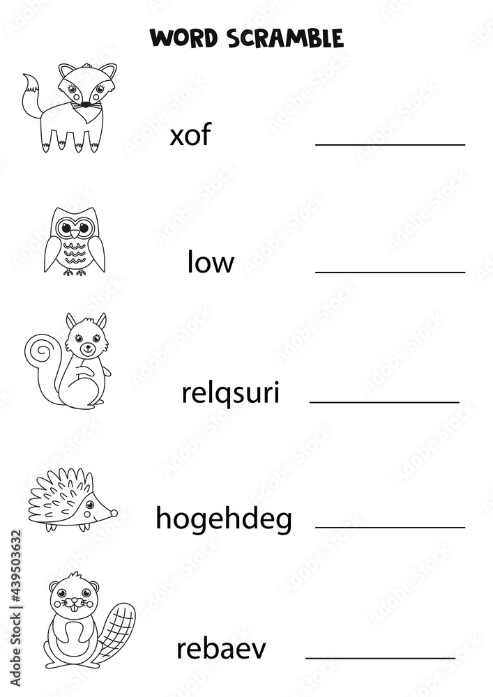 Puzzle for kids. Word scramble for children. Black and white woodland ...