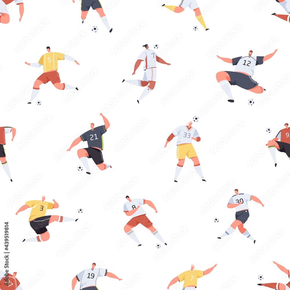 Seamless pattern with footballers playing soccer on white background ...