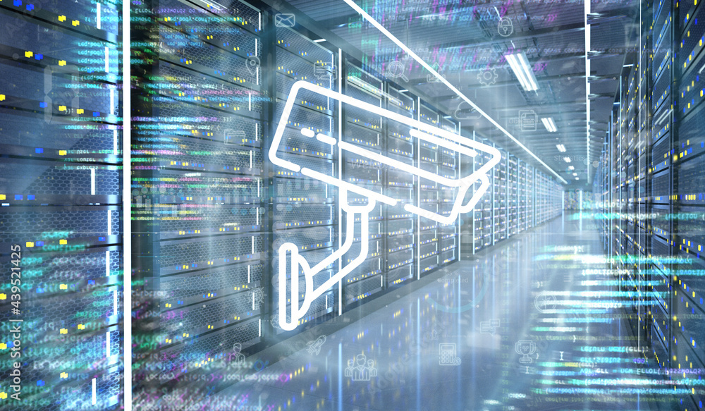 CCTV security camera icon in a Server room data center - 3d rendering ...