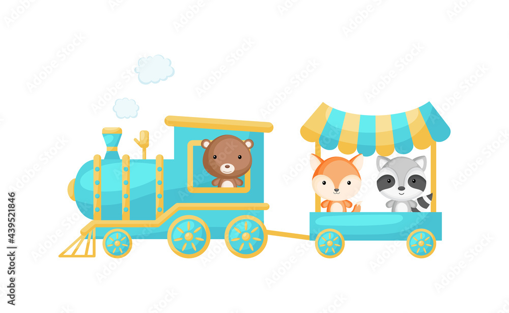 Cute cartoon turquoise train with bear driver and fox, raccoon on ...