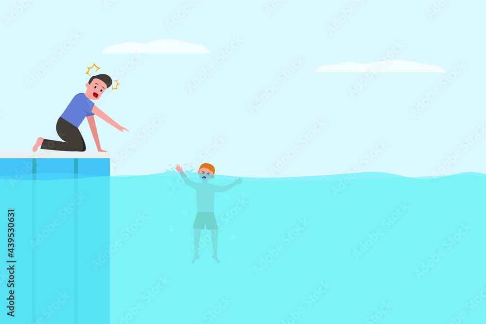 Drowning vector concept: Young father helps his son drowning on the sea ...