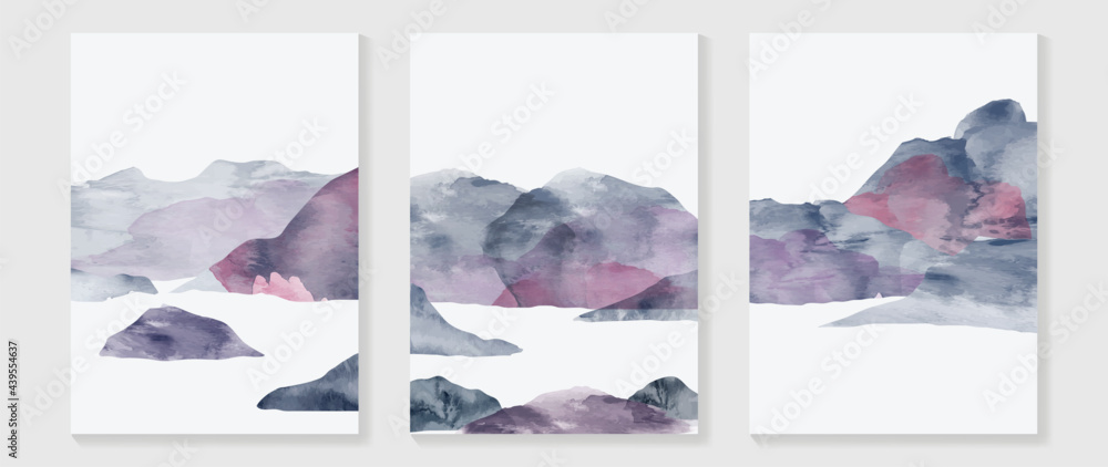 Mountain water color background vector. landscape wall art design with ...