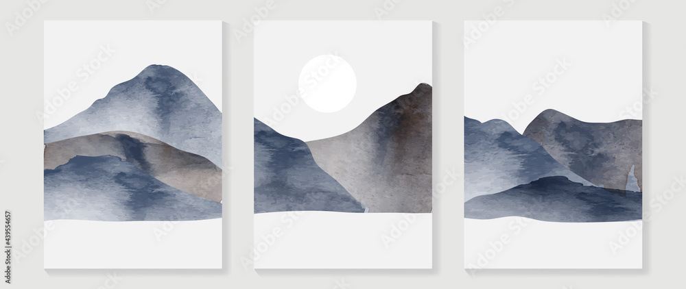 Mountain water color background vector. landscape wall art design with ...
