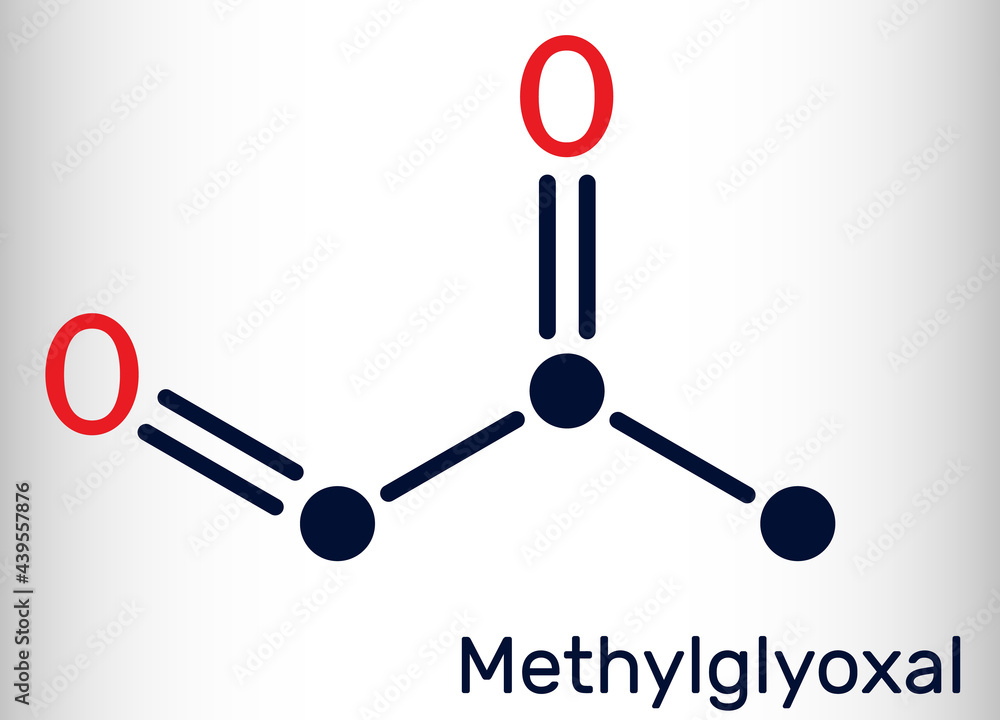 Methylglyoxal, MGO, pyruvaldehyde, pyruvic aldehyde molecule. It is ...