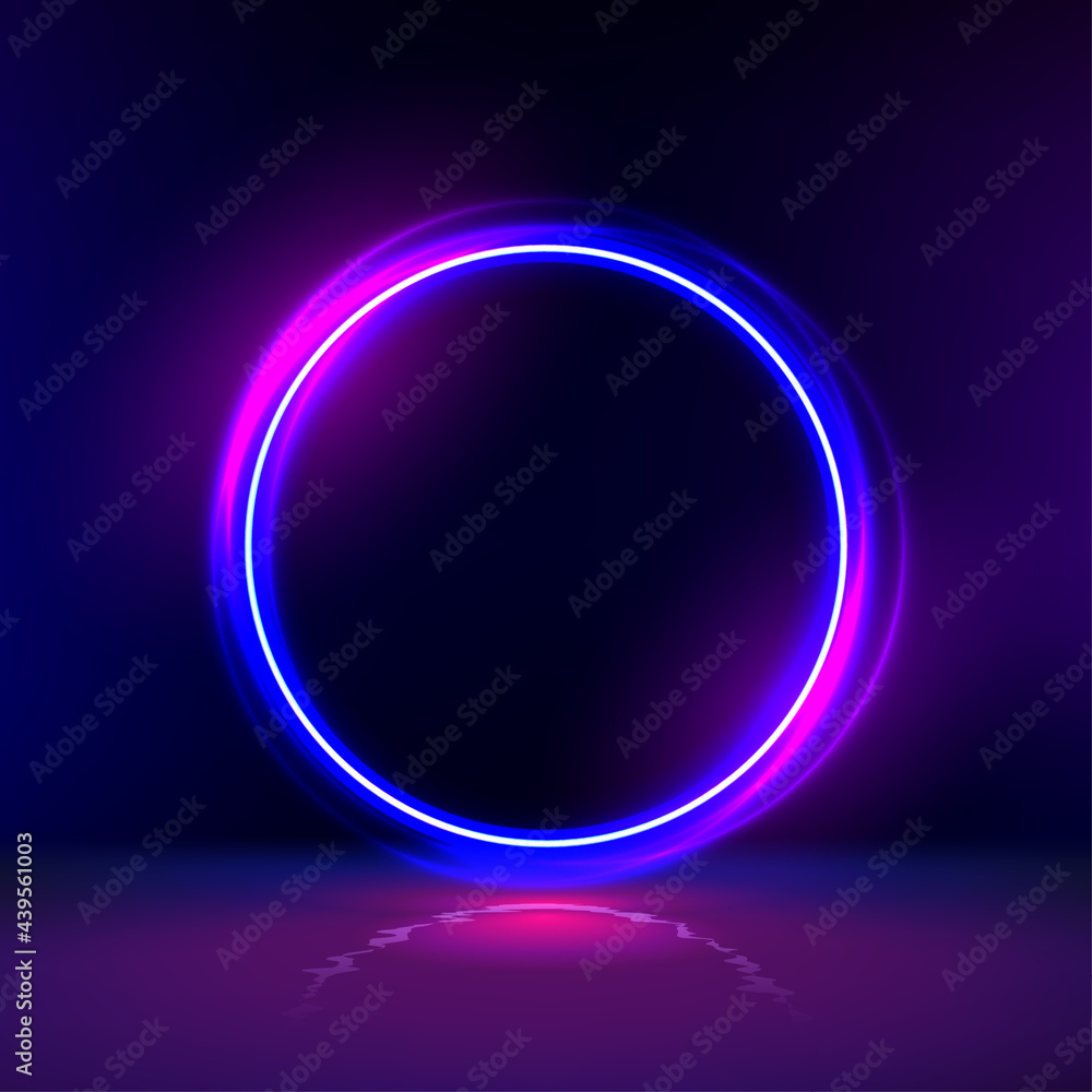 neon gloving ring in dark room. Round light frame for text. Dark ...