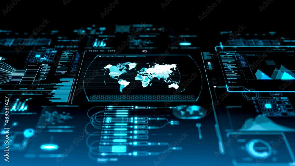 3D animation of blue futuristic high tech elements - world map ...