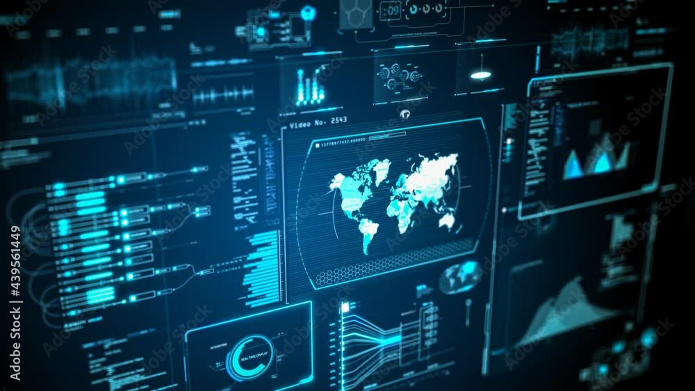 3D animation of blue futuristic high tech elements - world map ...