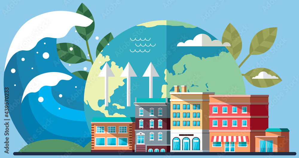 Climate change on planet. Cityscape with houses on background of globe ...