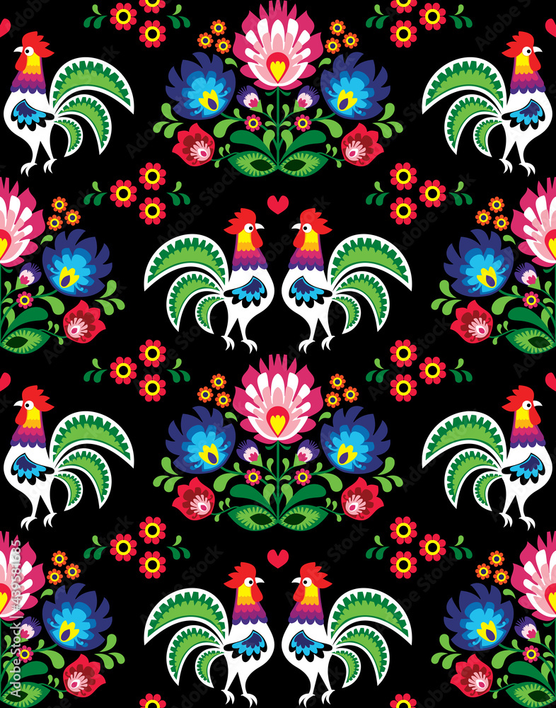 Seamless Polish folk art pattern with roosters and flowers - Wzory ...