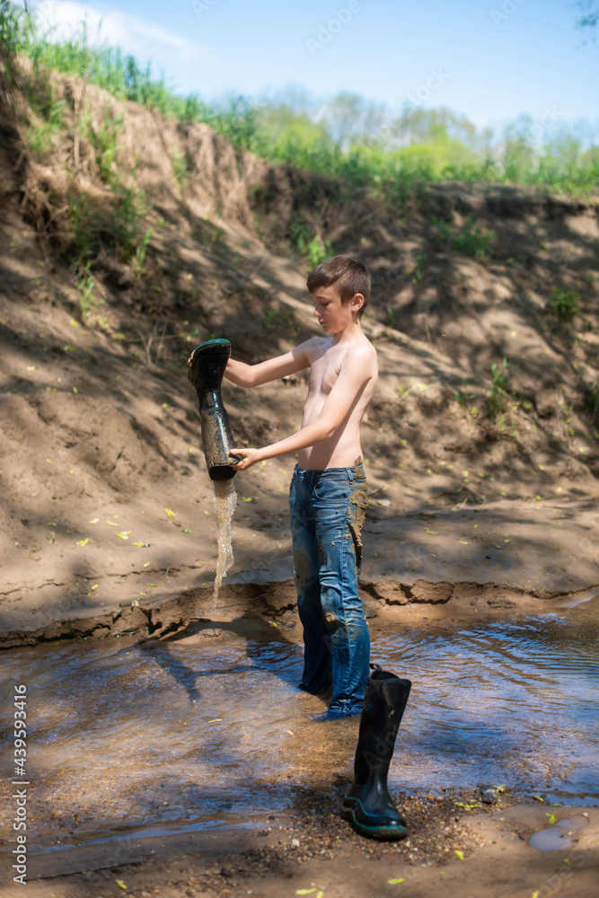 Shirtless Tween Boy in Nature Stock-Foto | Adobe Stock