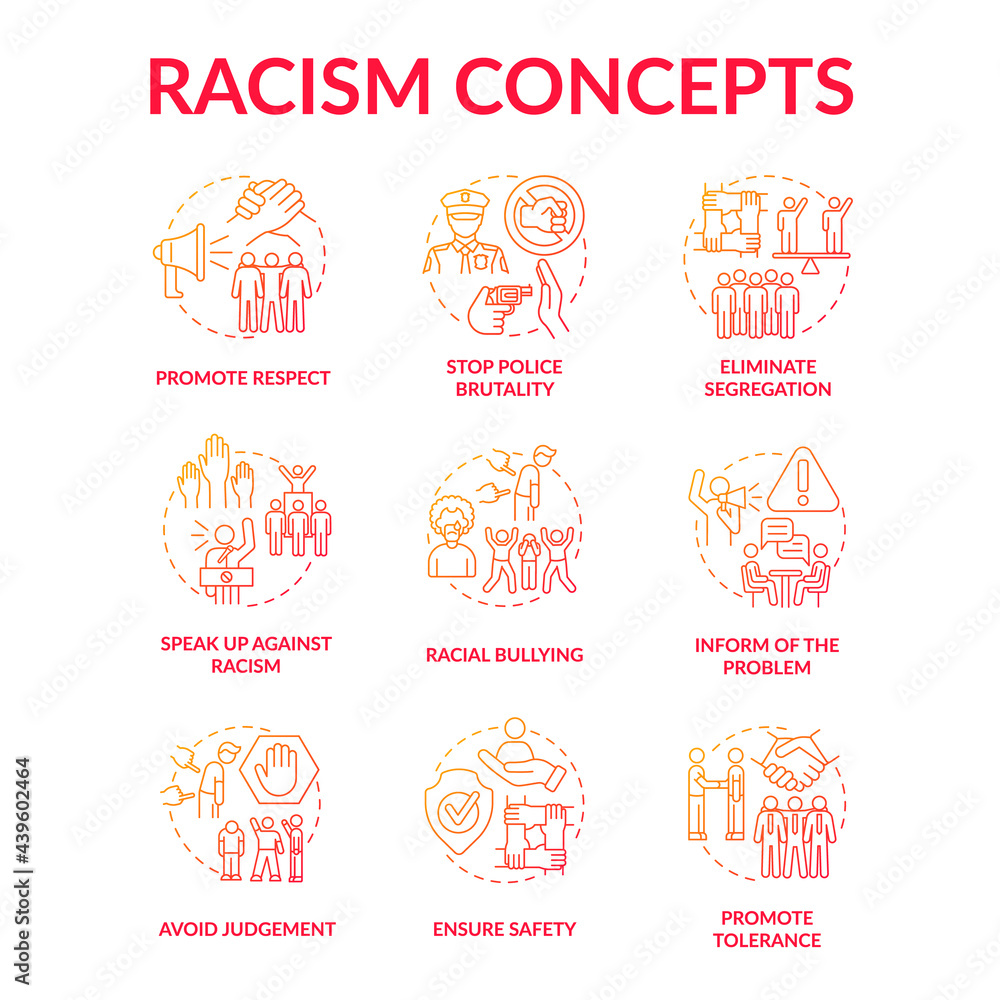 Racism concept icons set. Fighting racial discrimination and ...