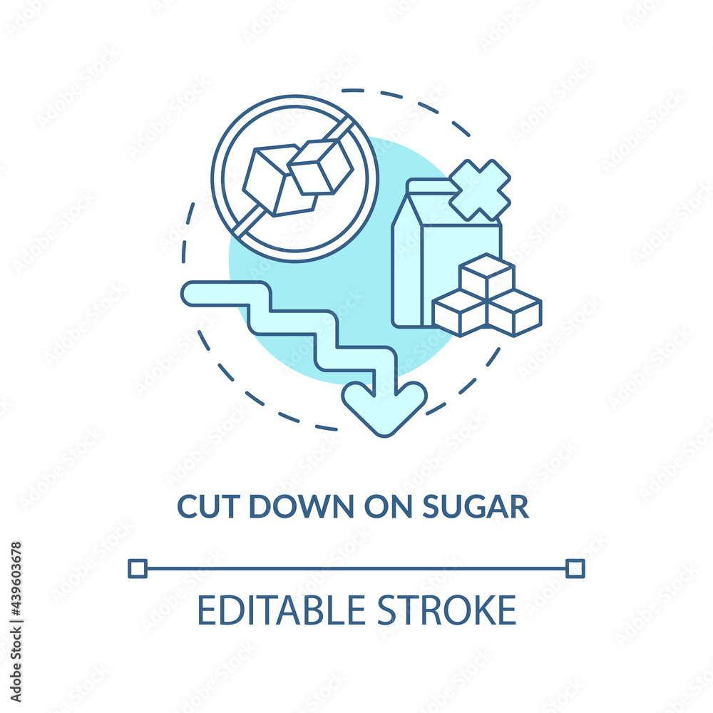 Cut down on sugar concept icon. Decrease amoun of sugar during day ...