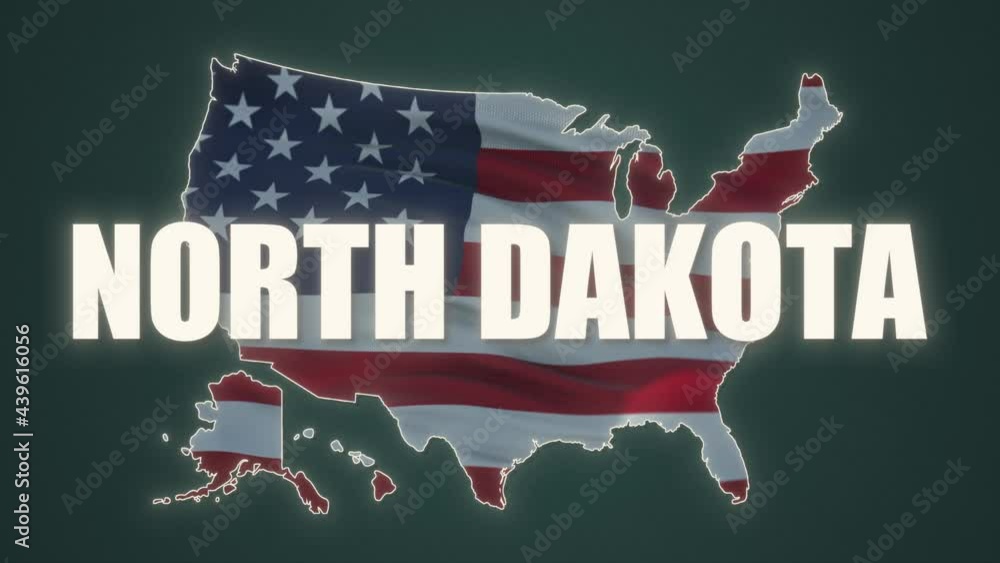 North Dakota state text with USA map flag video waving in wind. Waving ...