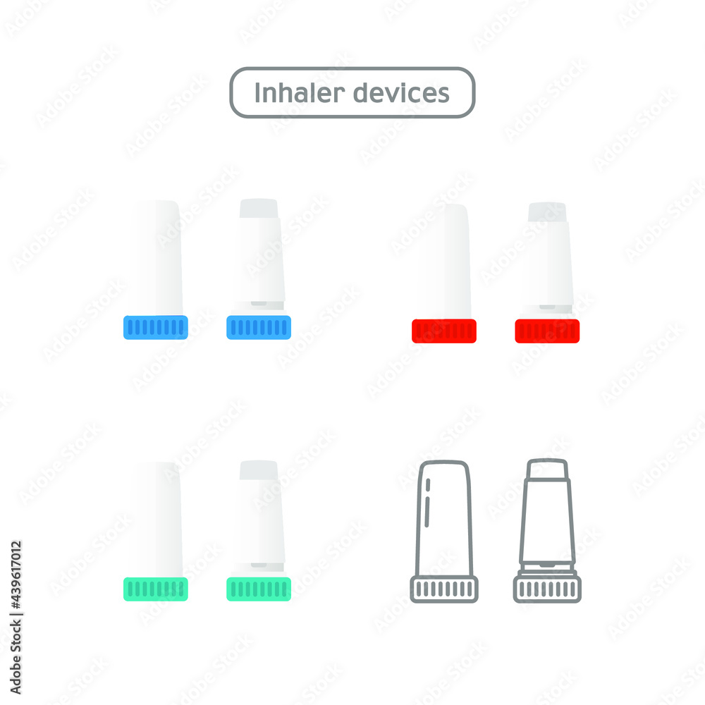 Set of Inhaler Devices Icon in Color and in Line Isolated on White ...
