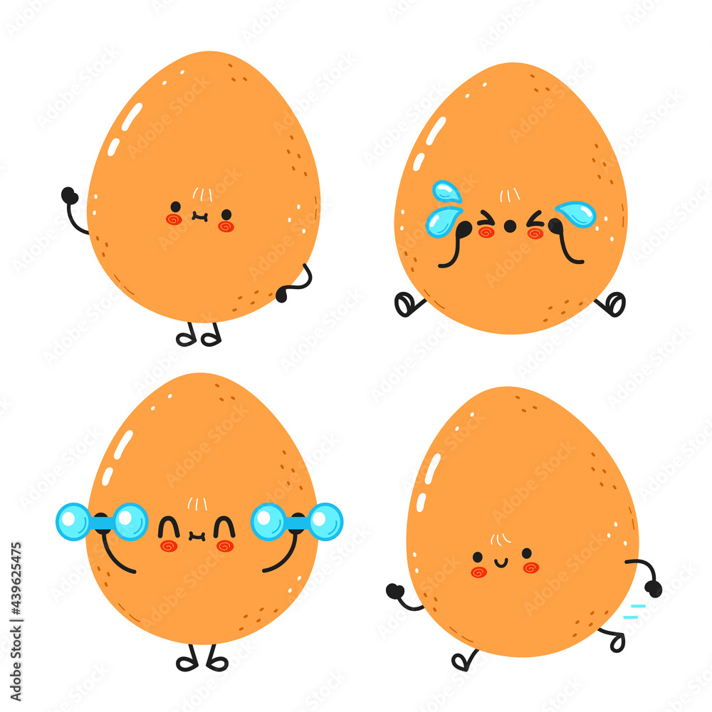 Funny cute happy egg characters bundle set. Vector kawaii line cartoon ...