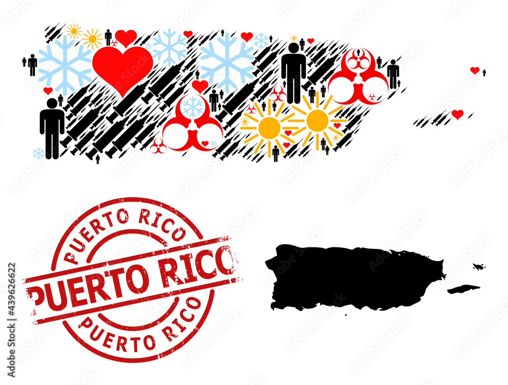 Textured Puerto Rico stamp seal, and spring man vaccine collage map of ...