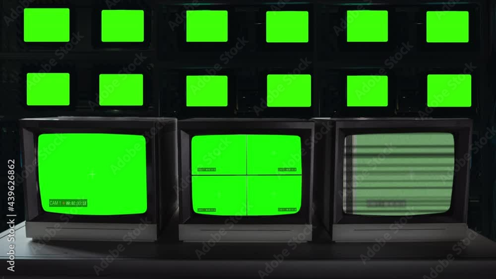 Green Screen Monitors CCTV Camera Surveillance Room. Multiple green ...