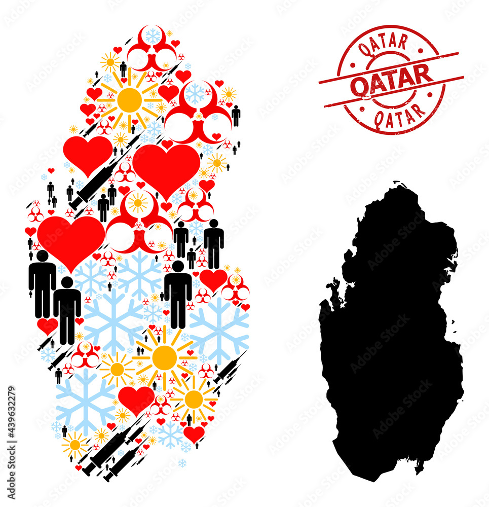 Vetor do Stock: Scratched Qatar stamp seal, and heart population ...