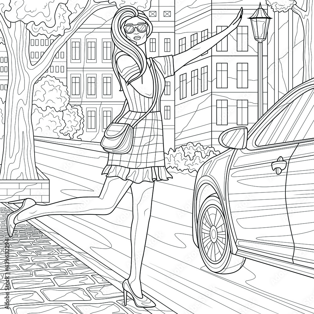 The girl stops the car.Coloring book antistress for children and adults ...