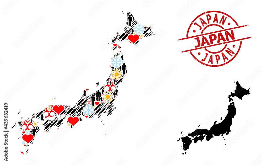 Textured Japan badge, and sunny humans inoculation collage map of Japan ...