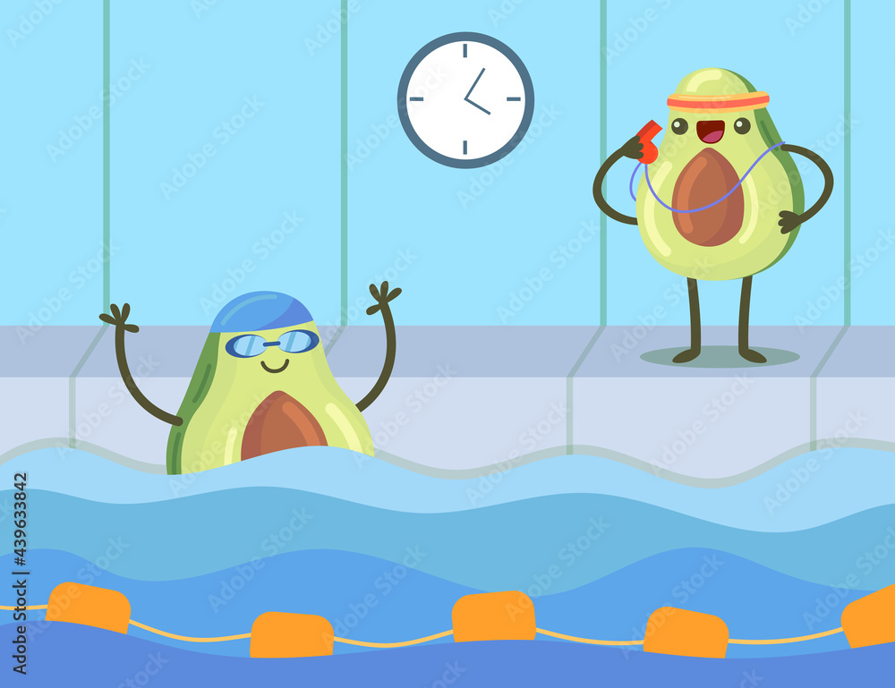 Cartoon swimming couch and swimmer avocados characters in pool. Cute ...