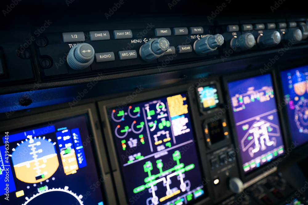 A typical dashboard panel in the cockpit of a private jet plane ...