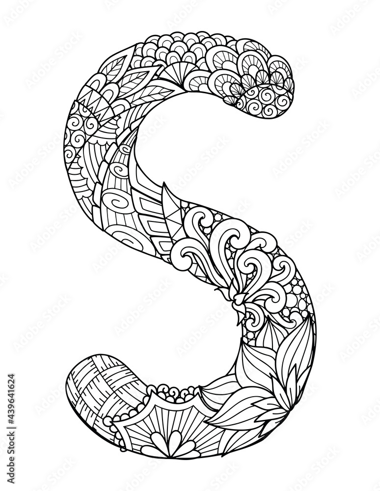 Mandala letter S monogram, adult coloring book, engraving design ...