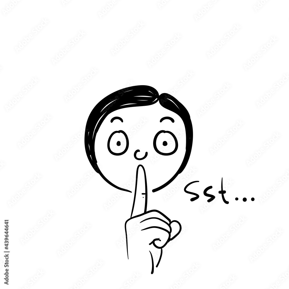 hand drawn doodle finger in mouth gesture symbol for silence ...