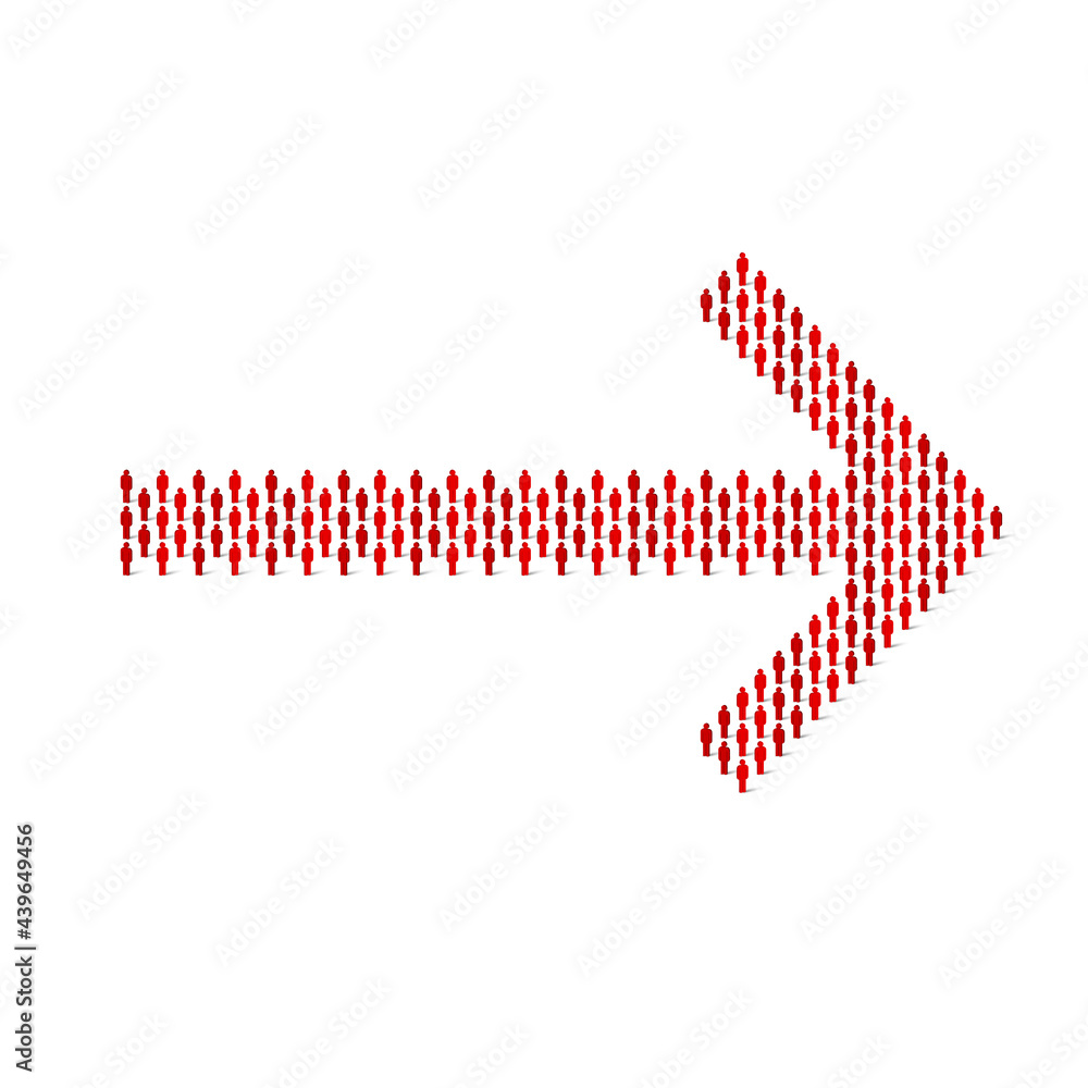 Human crowd in the shape of right arrow. Stick figure red simple icons ...