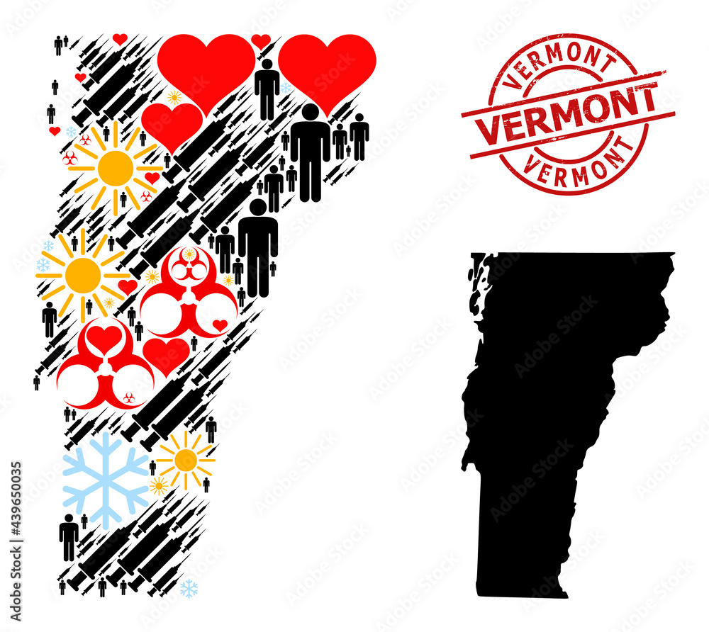 Textured Vermont stamp seal, and frost humans inoculation collage map ...