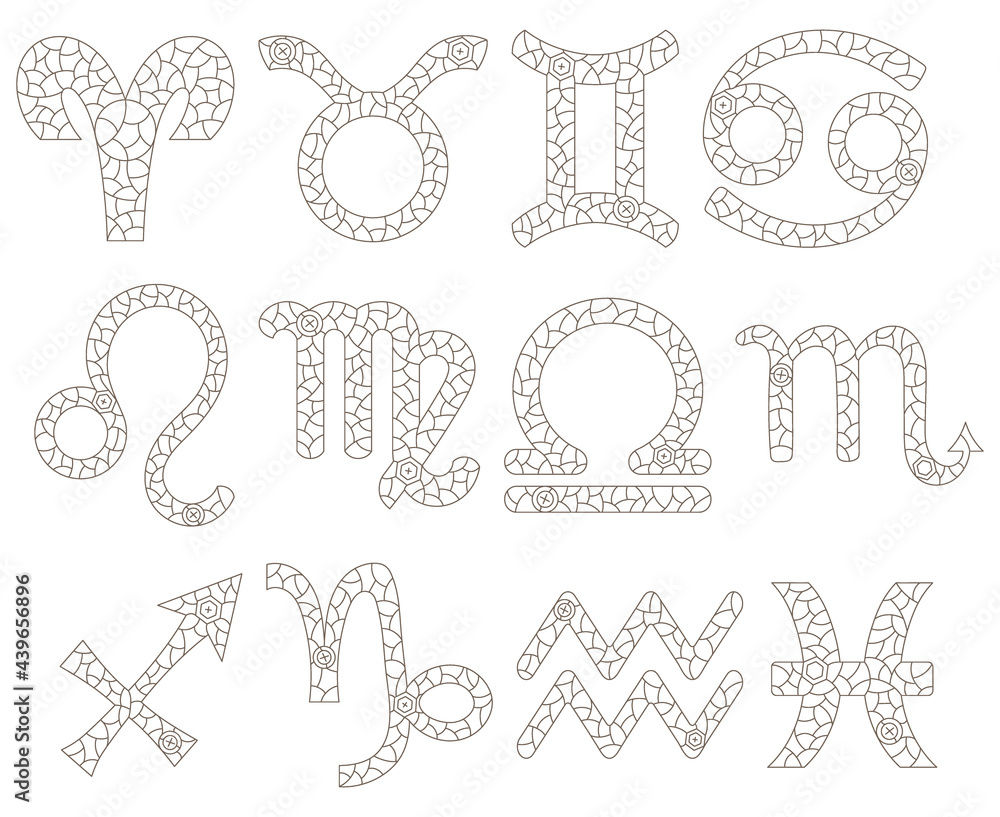 A set of contour illustrations in the style of stained glass with ...