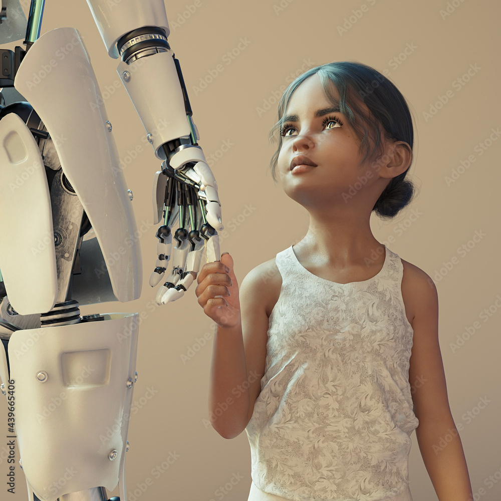 Futuristic childcare concept, girl holding hand of robot cyborg carer ...