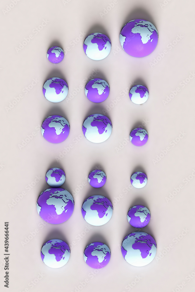 top down view of blue and violet earth planets in different shapes ...