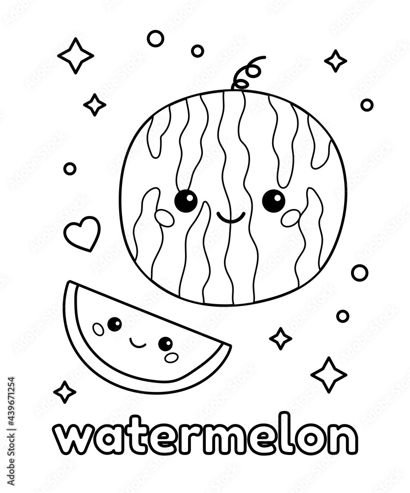 Healthy kawaii food. Cute cartoon watermelon with face. Coloring page ...