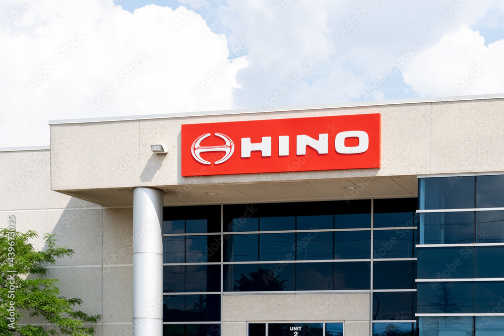Mississauga, On, Canada - June 13, 2021: Close-up of Hino sign on the ...